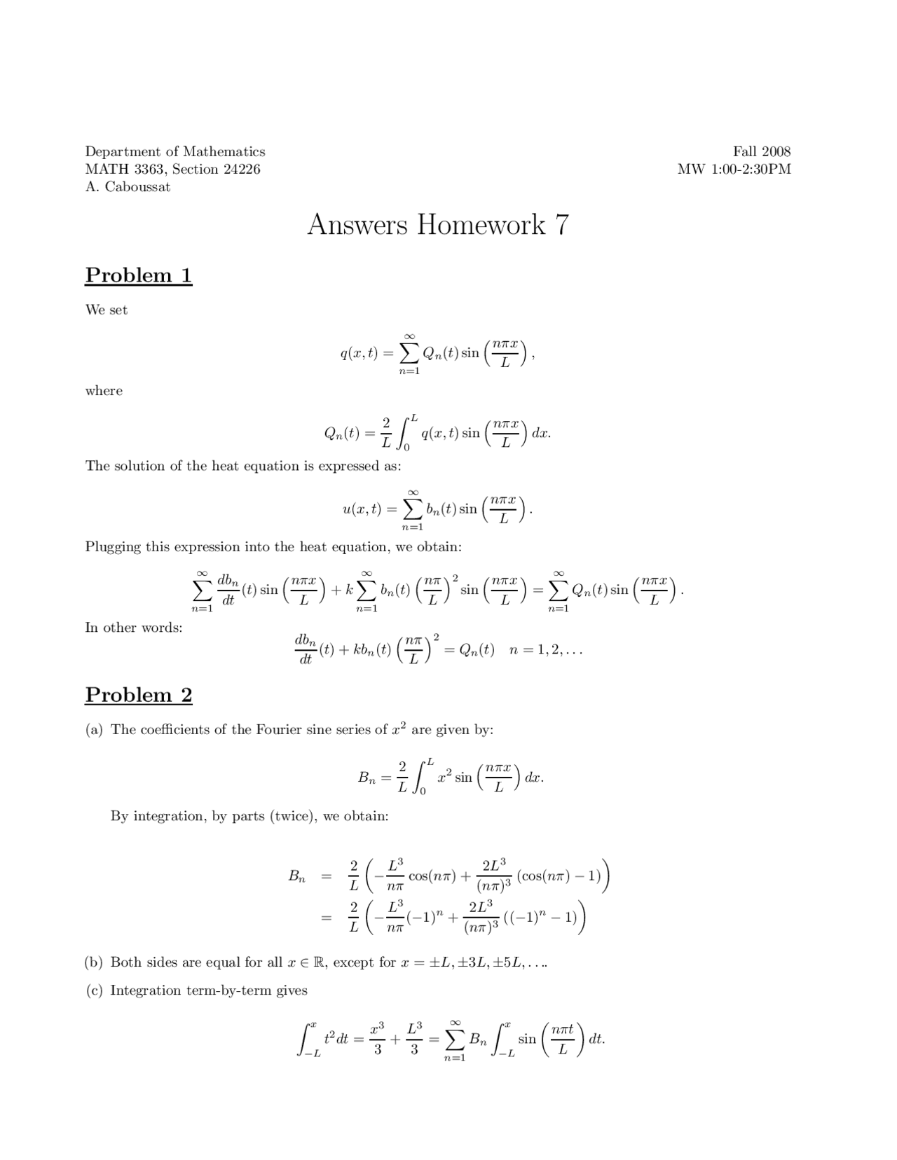 4 Solved Problems on Heat Equation and Fourier Series - Assignment | MATH 3363 - Docsity