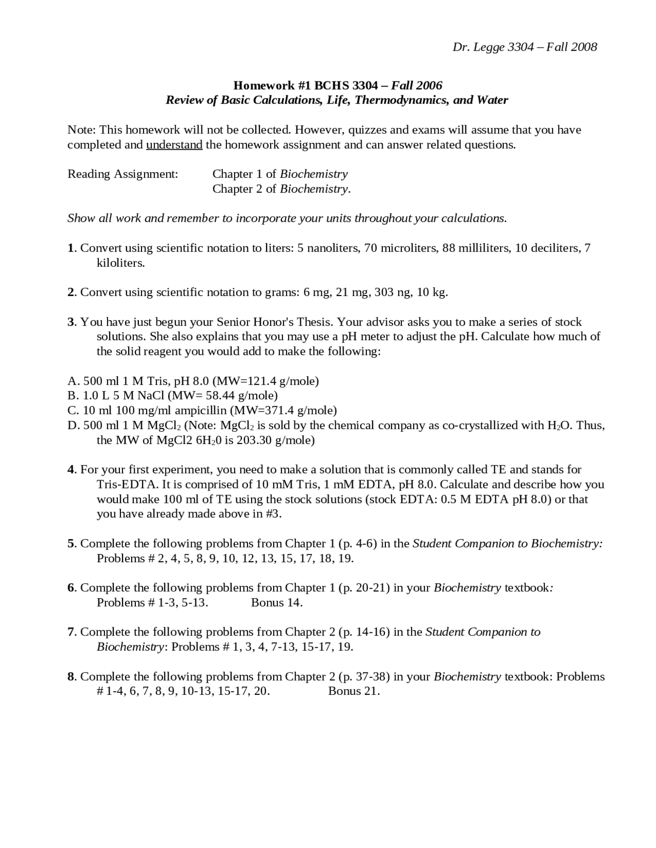 8 Questions For Assignment 1 General Biochemistry I Bchs 3304 Docsity