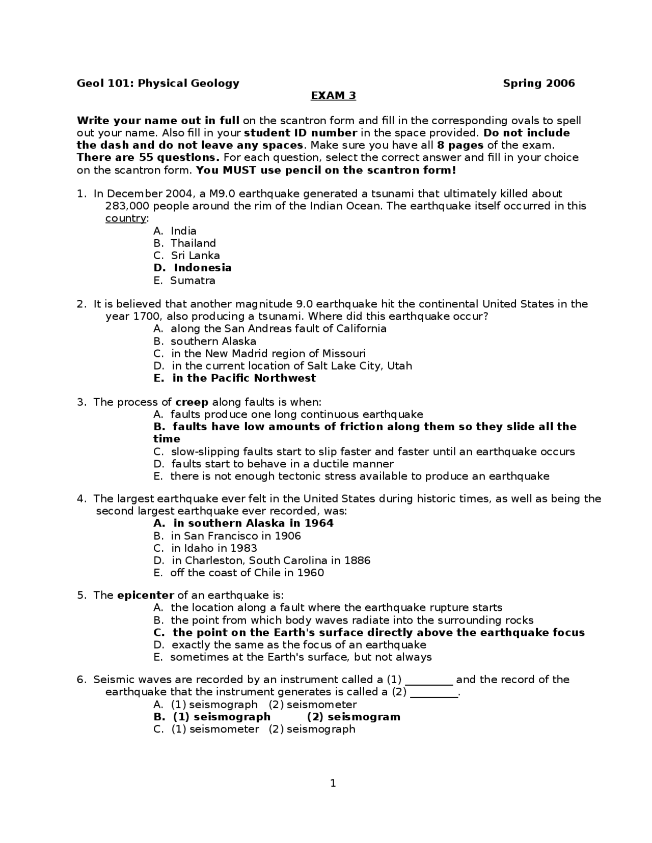 Solutions For Exam 3 Physical Geology Geol 101 Docsity