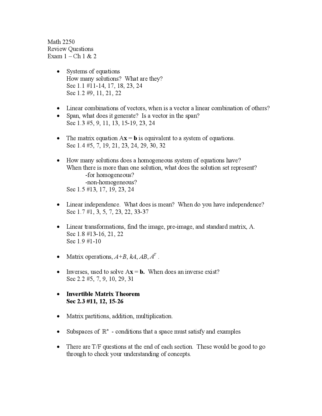 Practice Exam 1 Review Questions - Elementary Linear Algebra | MATH 2250 - Docsity