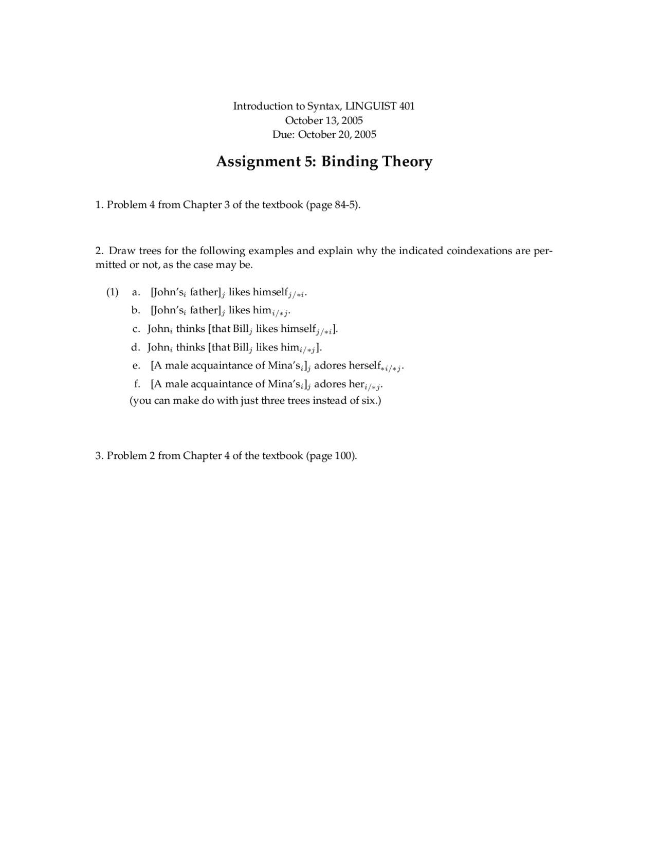 Assignment 5 Binding Theory Introduction To Syntax Linguist 401