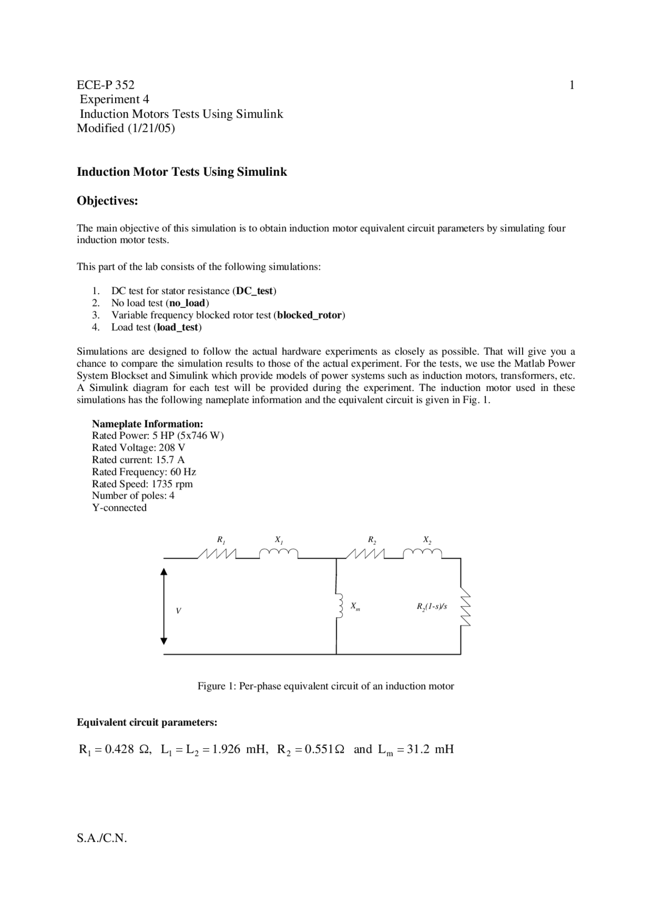 Induction Motors Tests Using Simulink Modified Experiment 4 Ecep