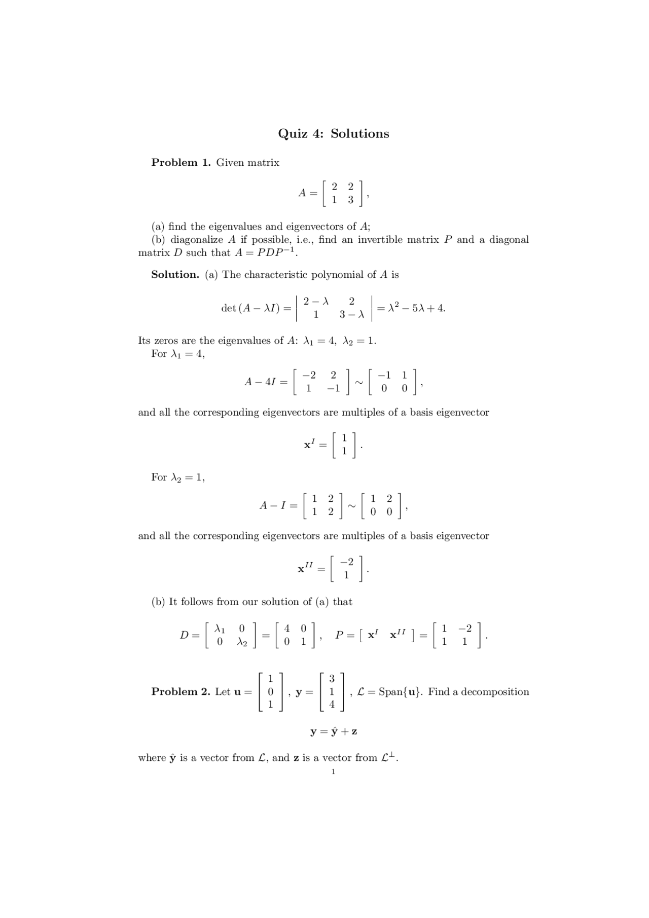 Practice Quiz #4 with Solutions - Linear Algebra | MATH 201 - Docsity