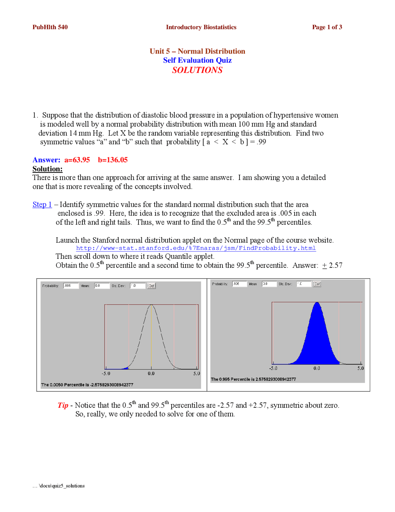 Normal Distribution - Self Evaluation Quiz Solution | PUBHLTH 540 - Docsity