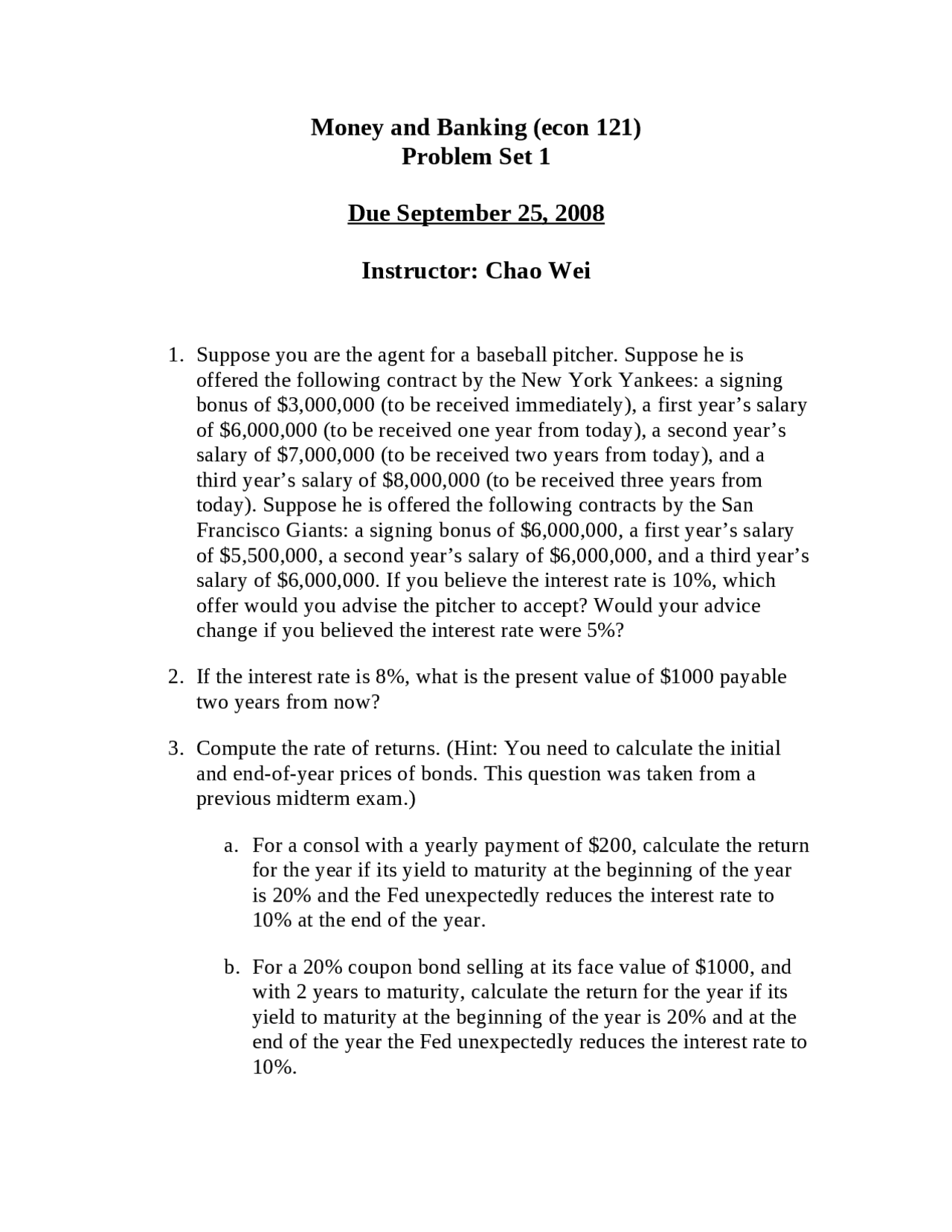 Problem Set 1 Money And Banking Econ 121 Docsity