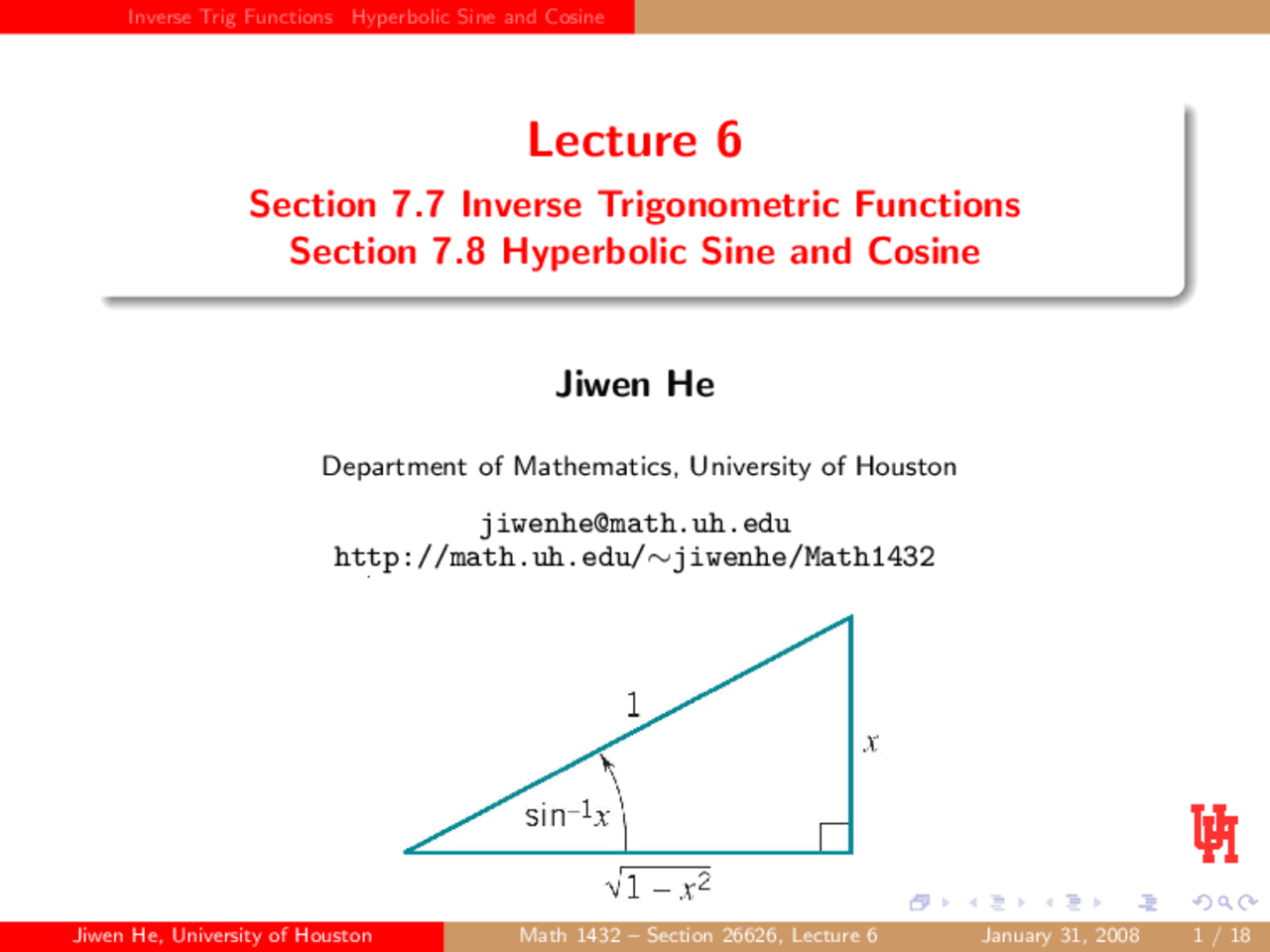 Inverse Trigonometric Functions Lecture Notes Math 1432 Docsity