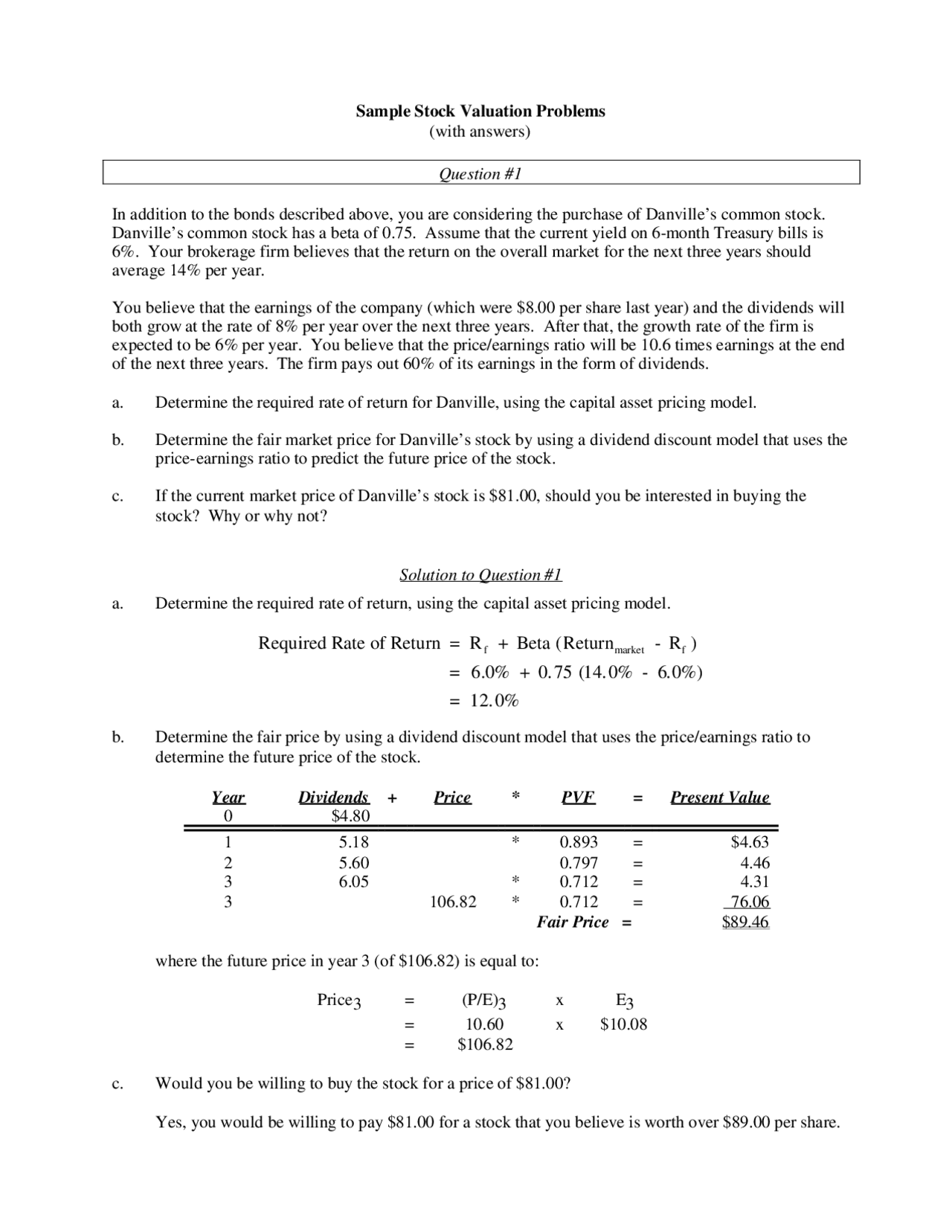 Sample Stock Valuation Problem Solutions Principles Of Finance Fin