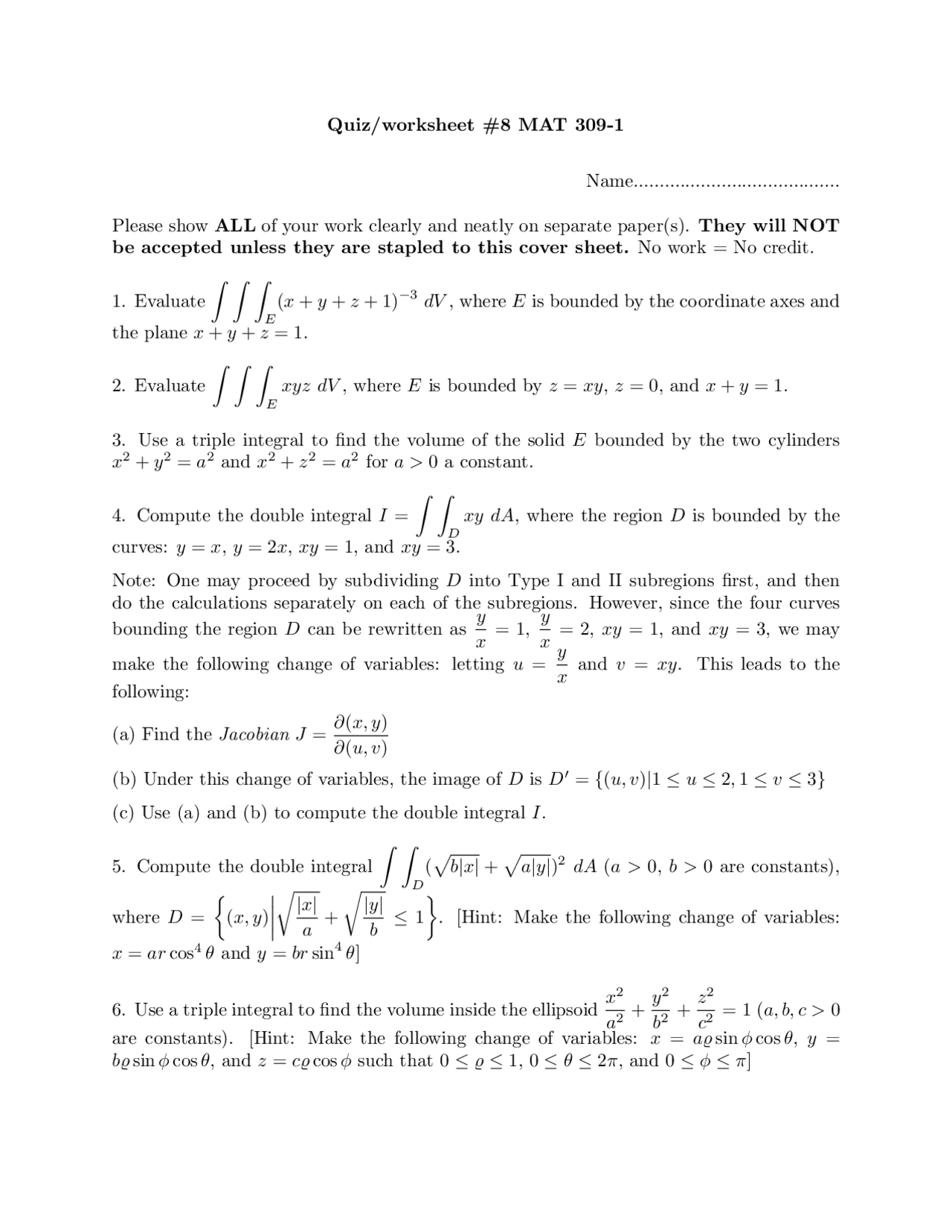 6 Questions For Calculus And Analytic Geometry Iii Quiz 8 Mat 309