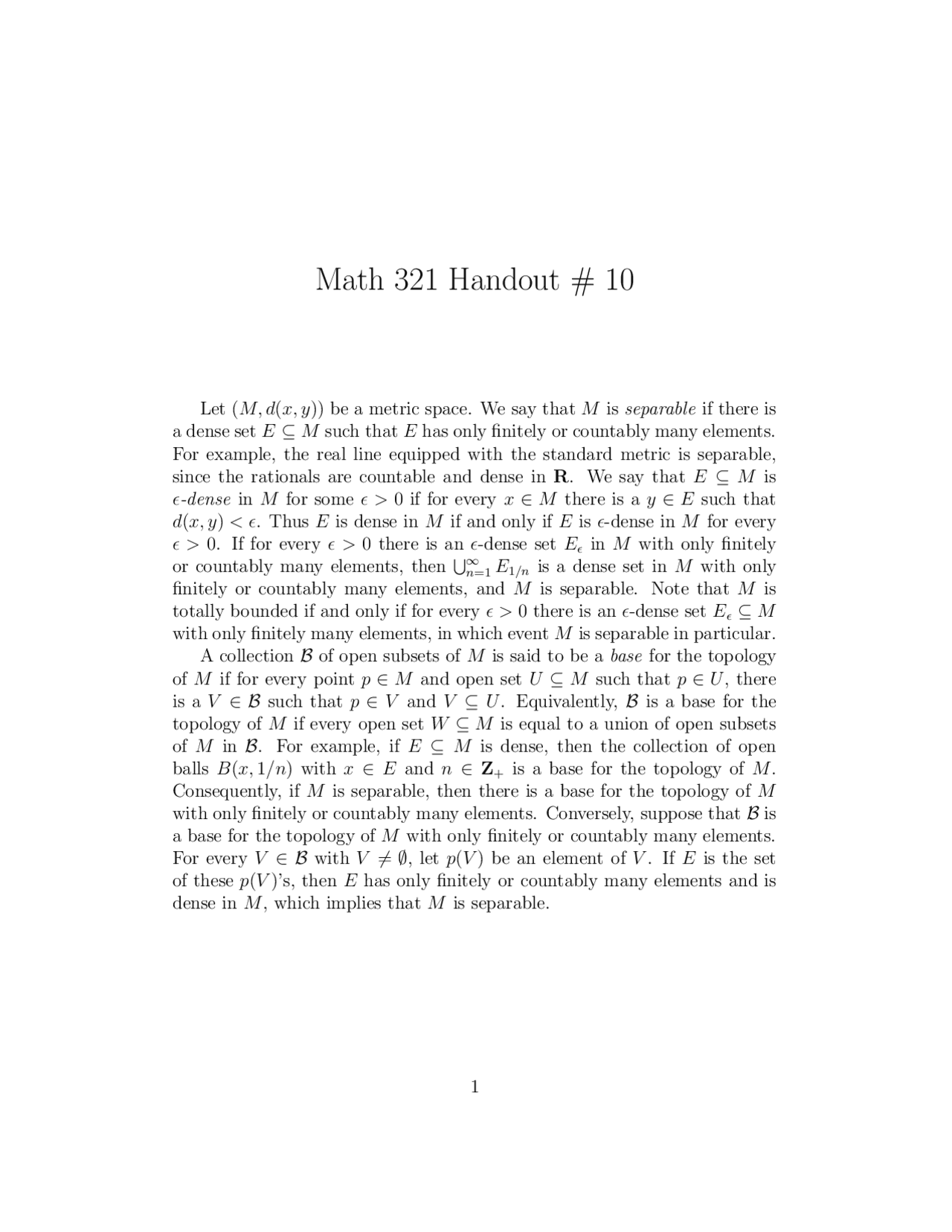Handout Notes 10 For Introduction To Analysis I Math 321 Docsity