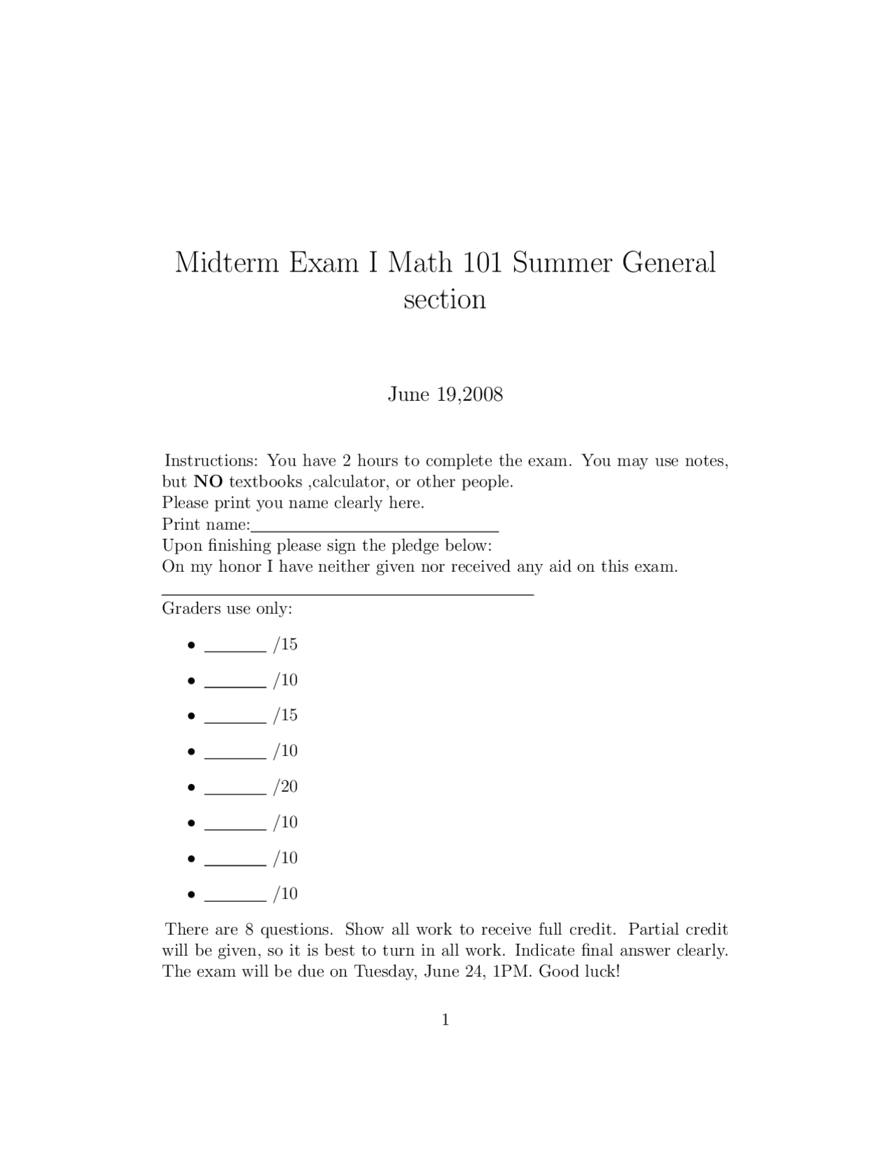 Midterm Exam 1 Questions Single Variable Calculus I Fall 2008