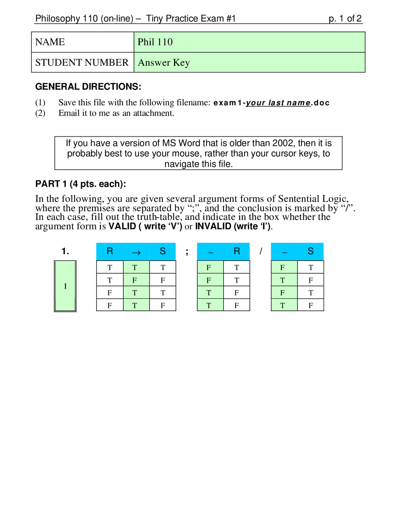 Practice Exam 1 With Answer Key Introduction To Logic Phil 110
