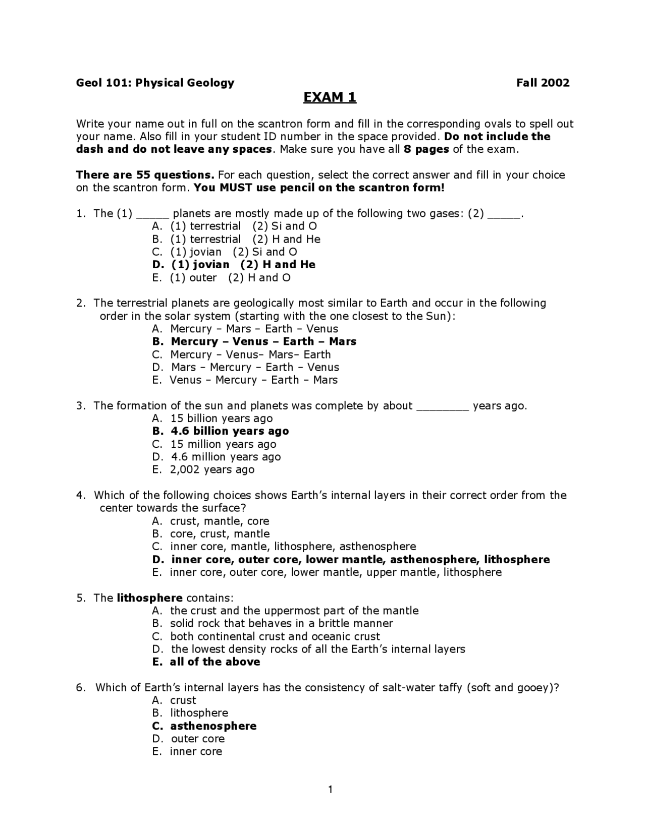Exam 1 Questions With Solutions Physical Geology Geol 101 Docsity
