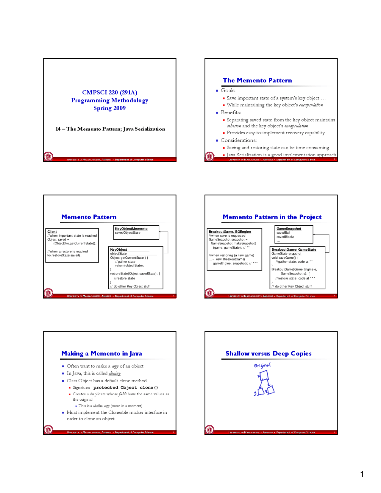 The Memento Pattern Java Serialization Lecture Slides Cmpsci 220