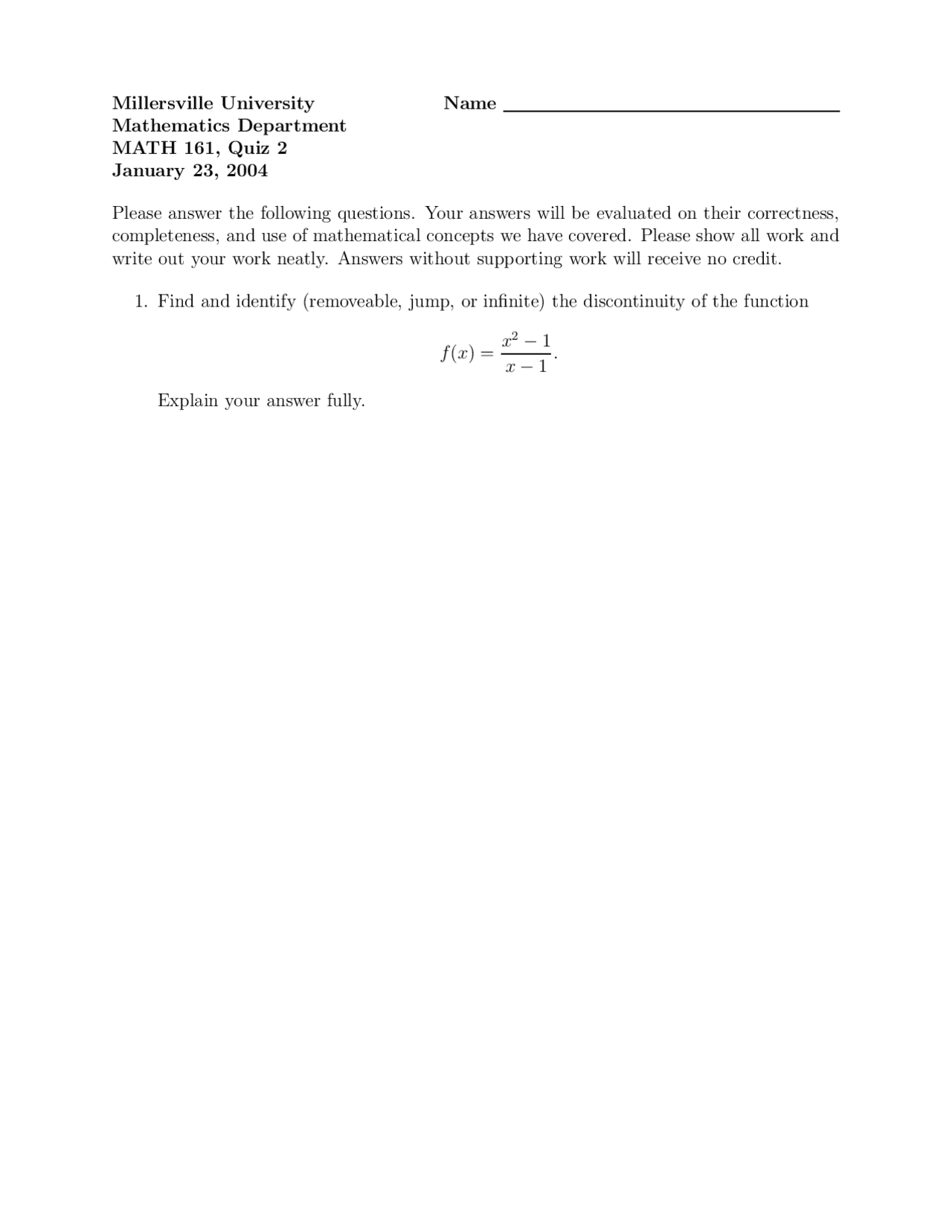 Calculus 1 Quiz 2 Sample Questions Math 161 Docsity