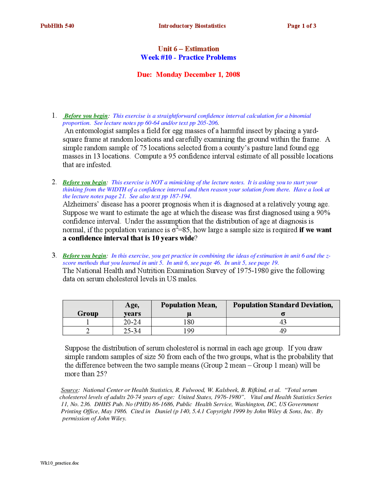 Introduction To Biostatistics Practice Problems For Estimation