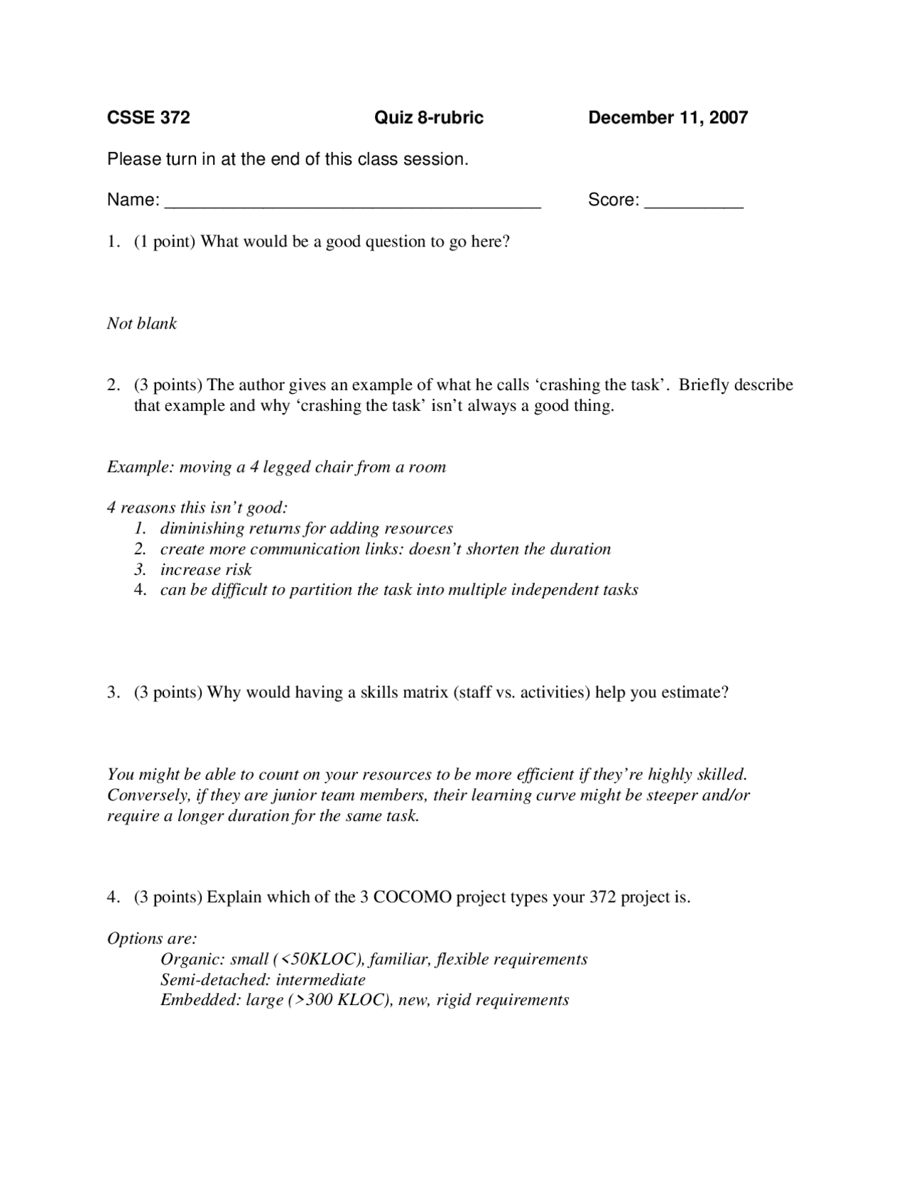 Quiz 8 Rubric Software Project Management Csse 372 Docsity
