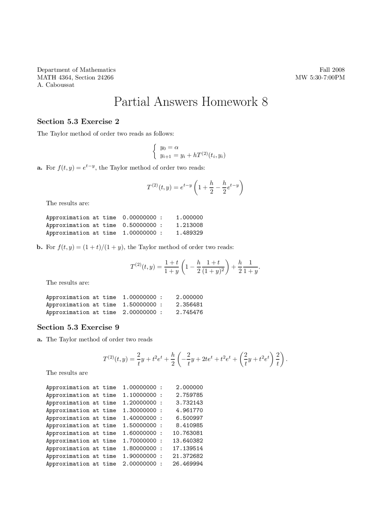 Homework 8 With Solutions Numerical Analysis Math 4364 Docsity