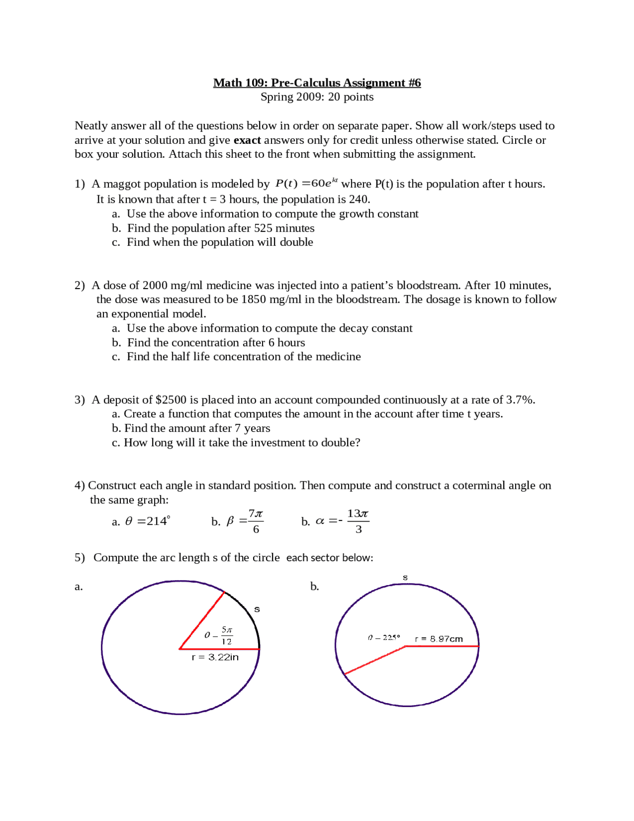 Pre Calculus Assignment 6 Precalculus Mathematics Math 109 Docsity