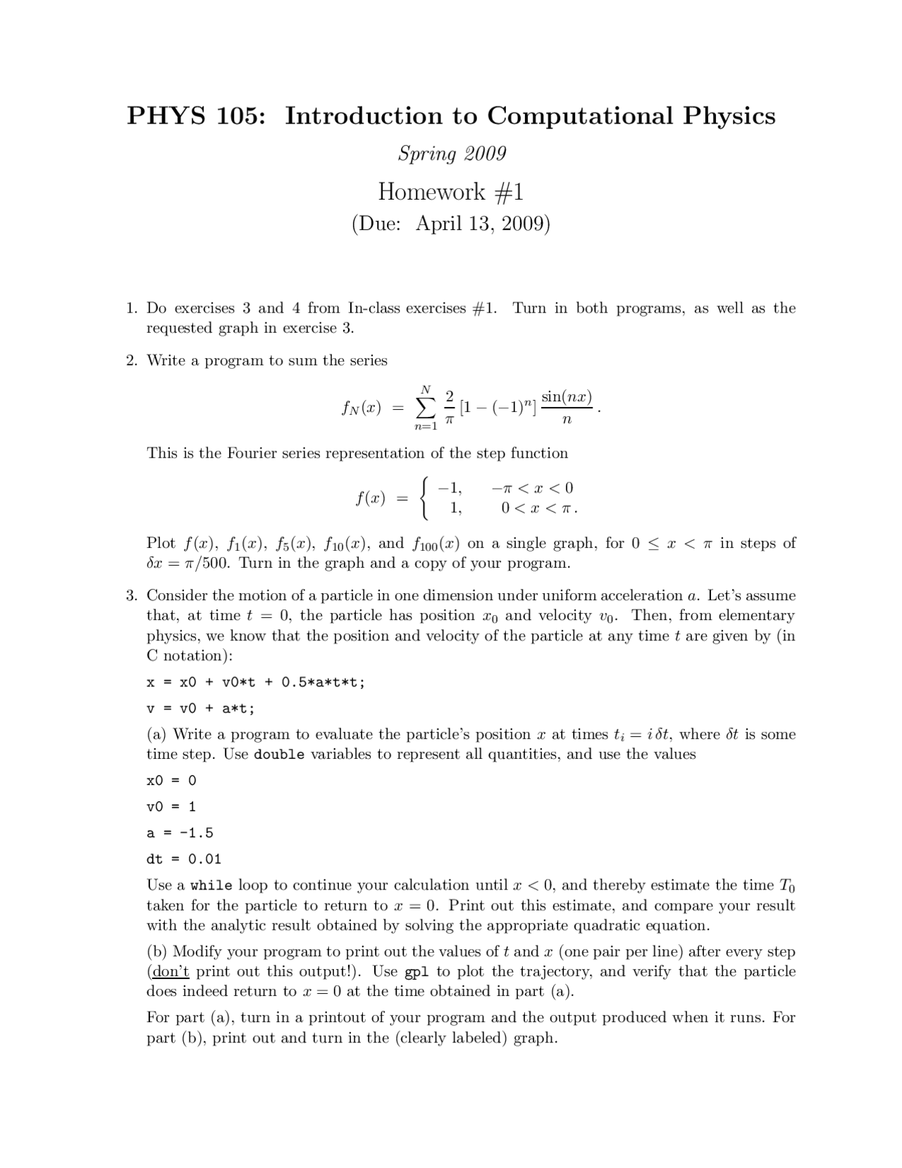 Homework 1 Introduction To Computational Physics 3 Problems Phys
