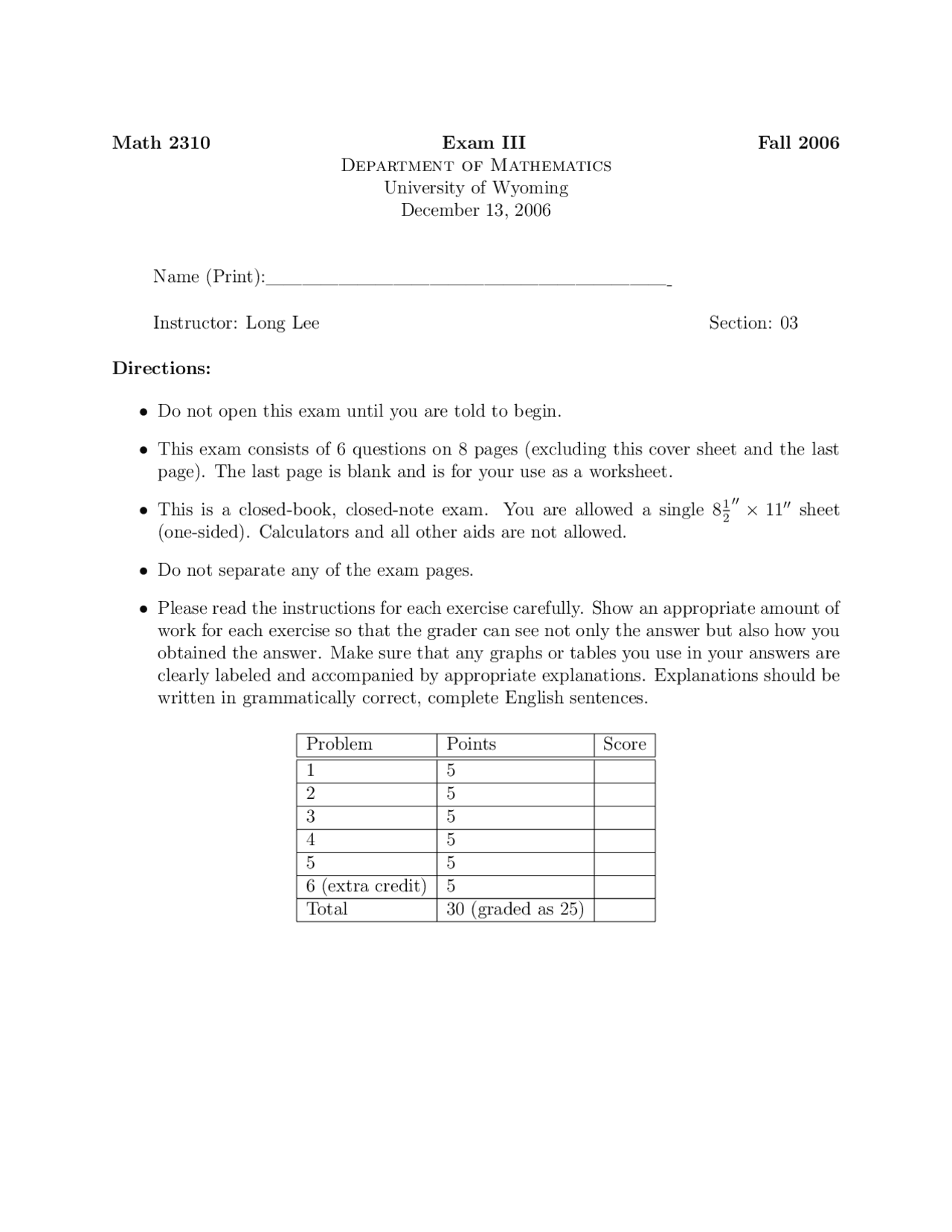 Exam Iii Questions With Formula Sheet Applied Differential Equation I