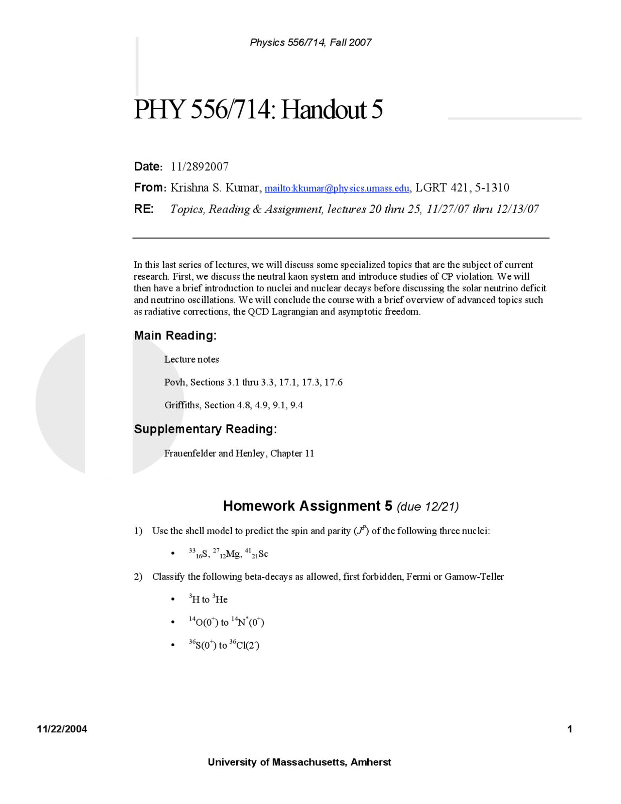 Homework Assignment 5 Nuclei And Elementary Particles Physics 556