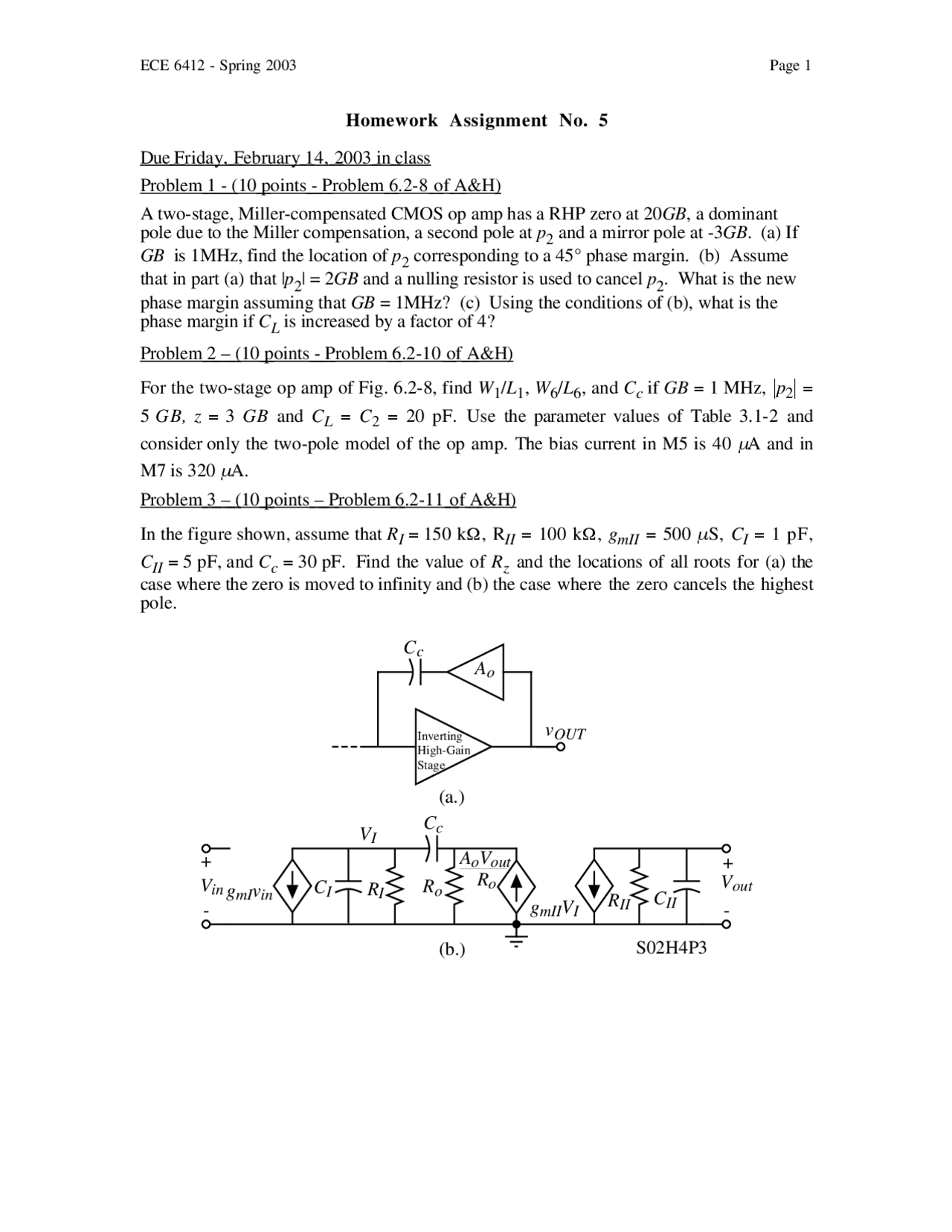 4 Solved Problems Miller Compensated Cmos Homework 5 Ece 6412 Docsity