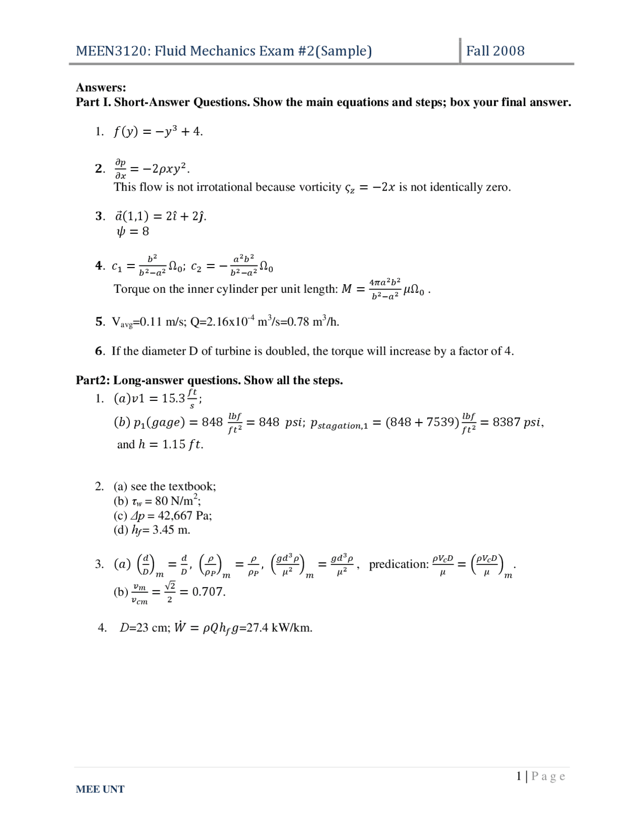 10 Questions on the Fluid Mechanics - Examination 2 | MEEN 3120 - Docsity