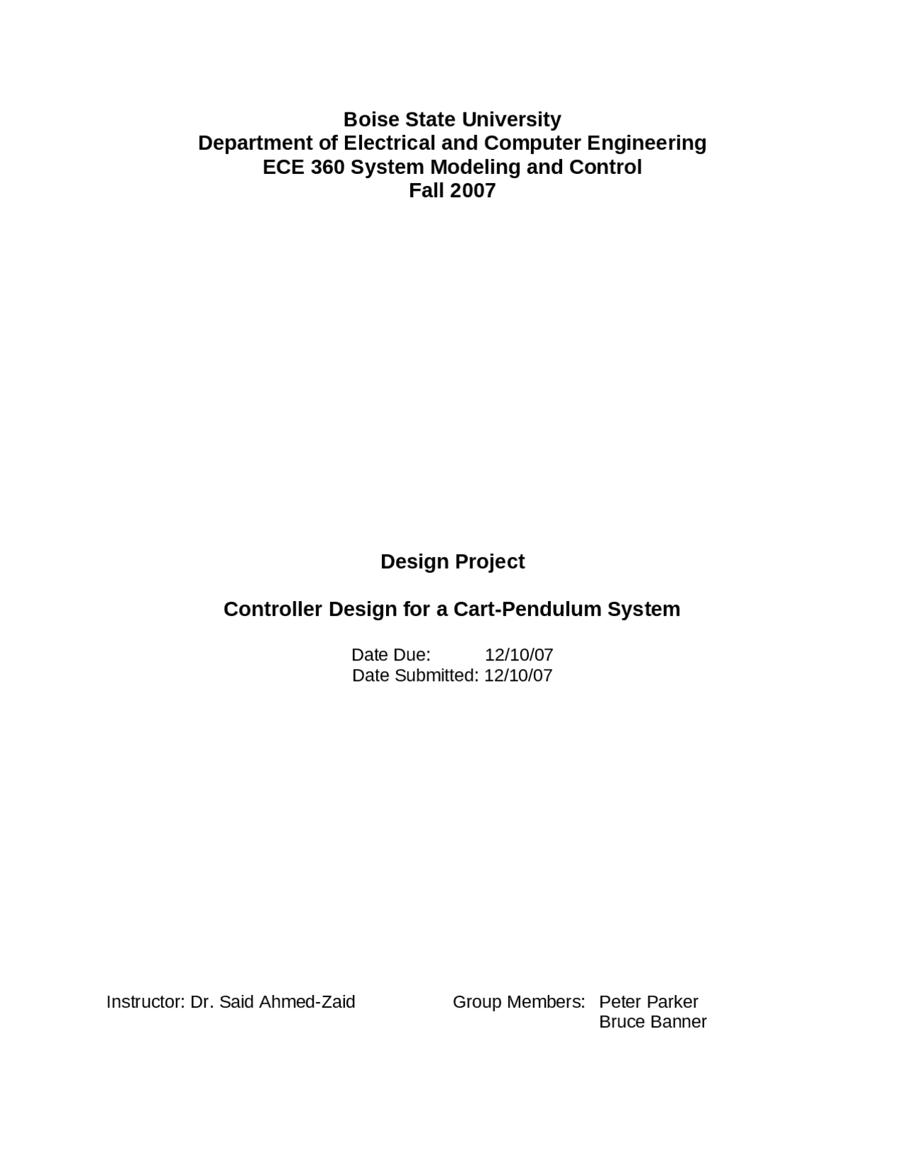 Controller Design For A Cart Pendulum System Ece 360 Docsity