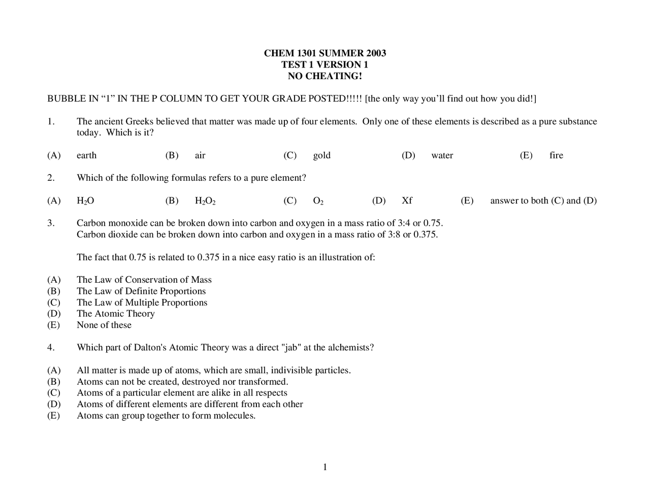 20 Mcqs For Exam 1 Foundations Of Chemistry Chem 1301 Docsity
