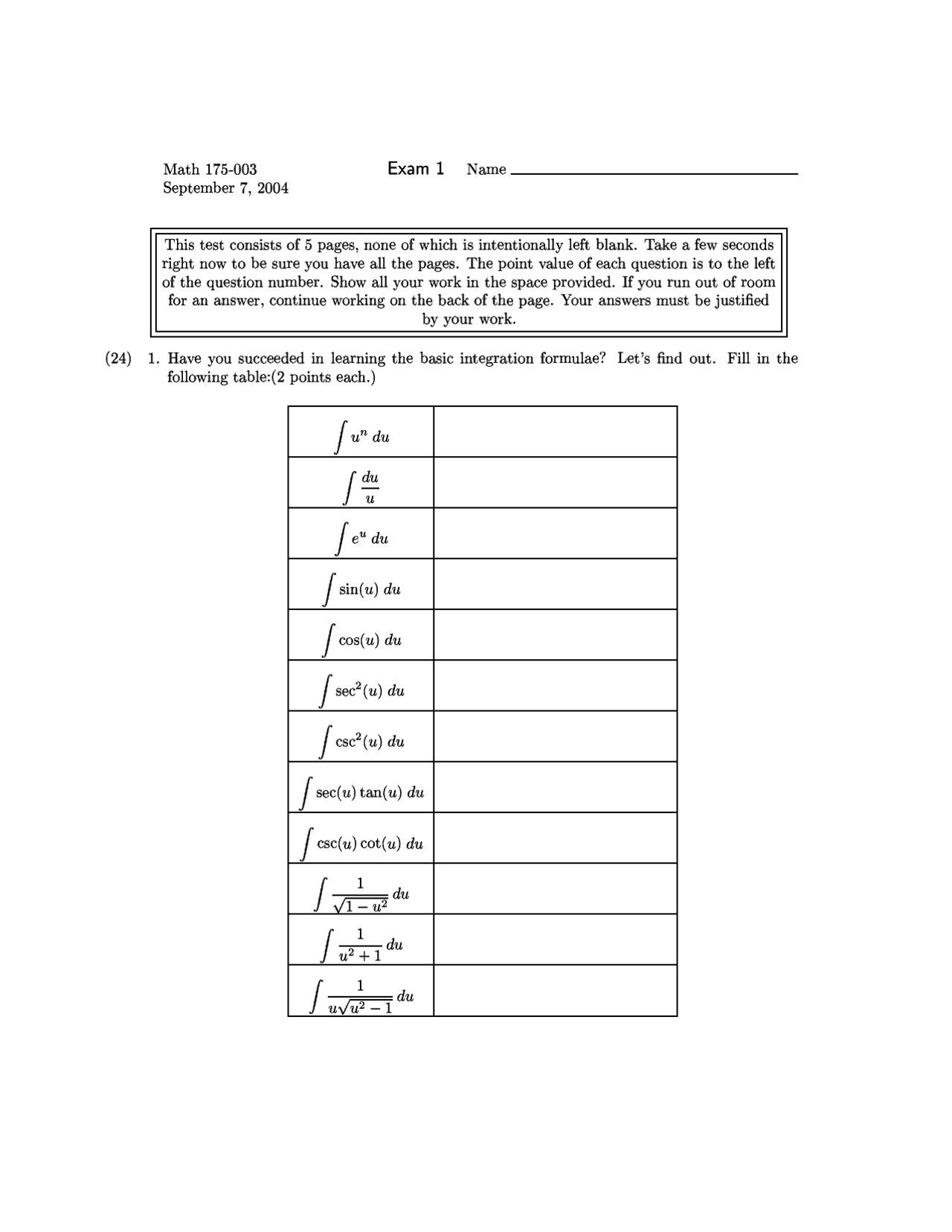 Exam 1 Review Problems Calculus Ii Math 175 Docsity