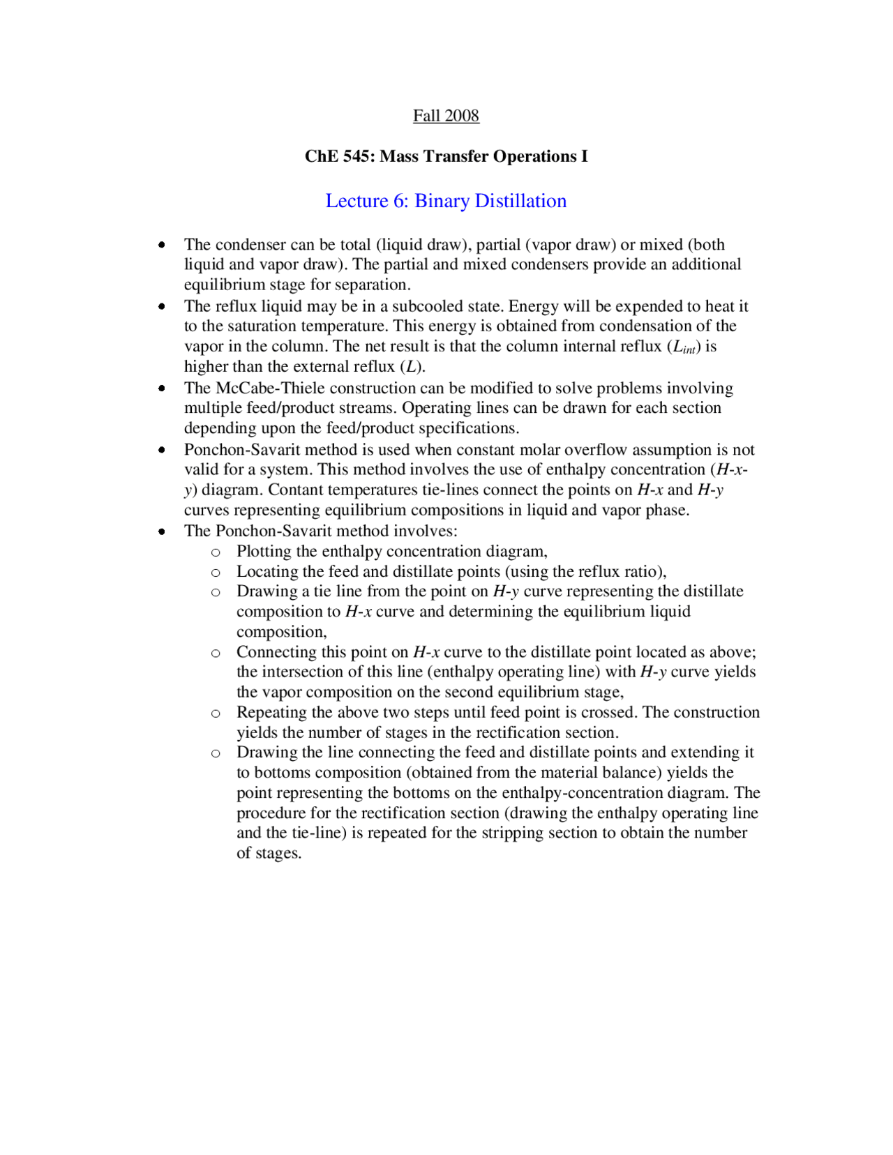 The Binary Distillation And Mass Transfer Operation L Che 545 Docsity