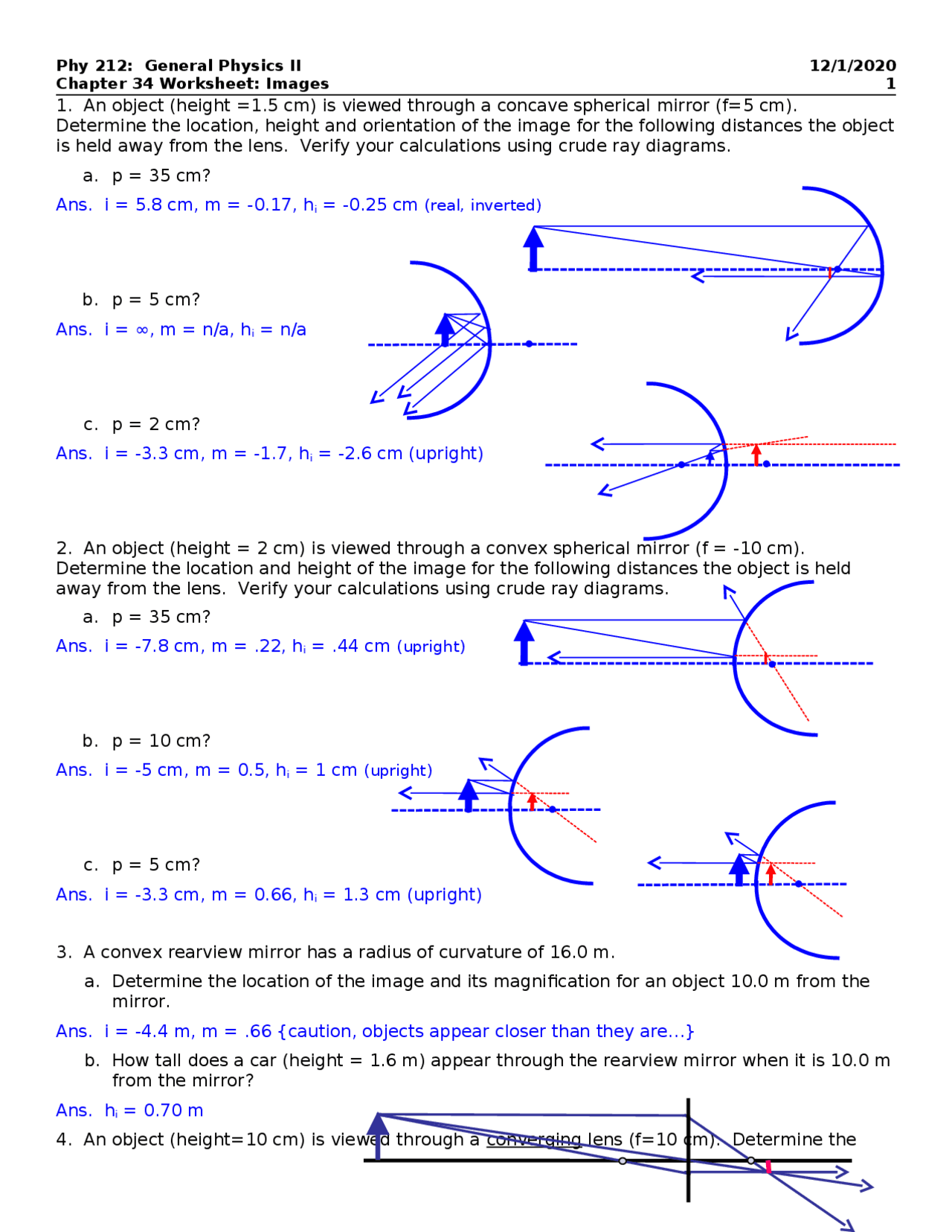 An Introduction to Images of an Object - Worksheet | PHY 212 - Docsity