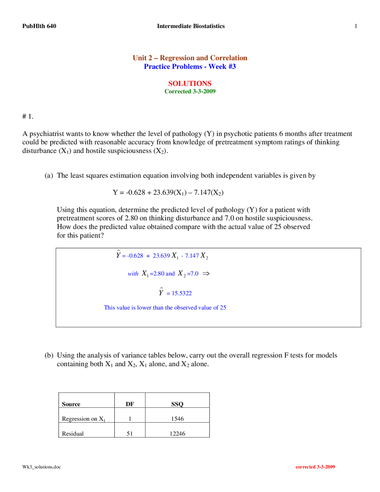 Regression and Correlation - Practice Problems Solutions - Fall 2009 | PUBHLTH 640 - Docsity
