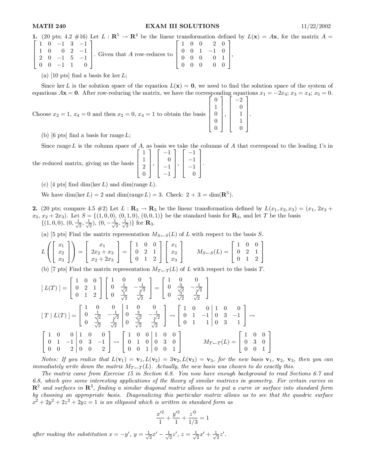 Exam 3 With Solution Linear Algebra And Applications Math 240 Docsity
