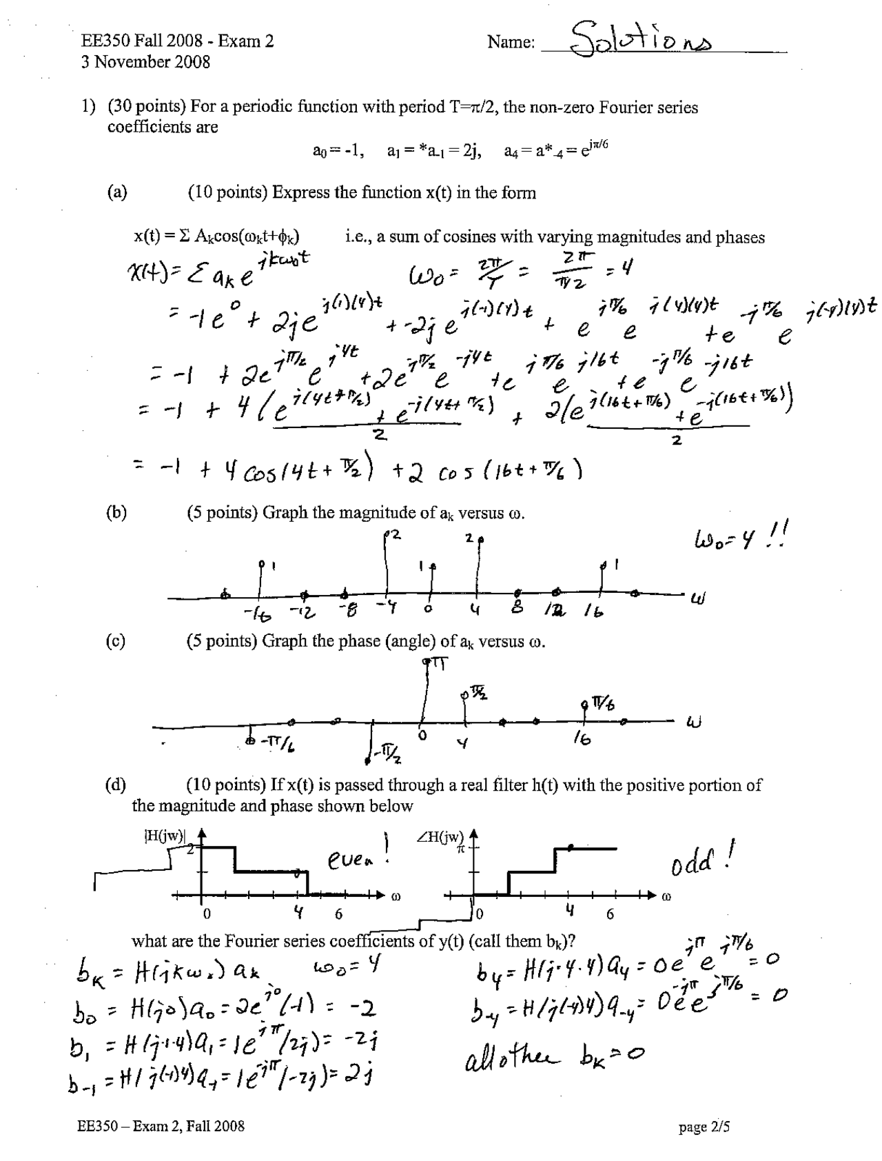 Old Exam 2 With Solutions Signals And Systems Ece 350 Docsity