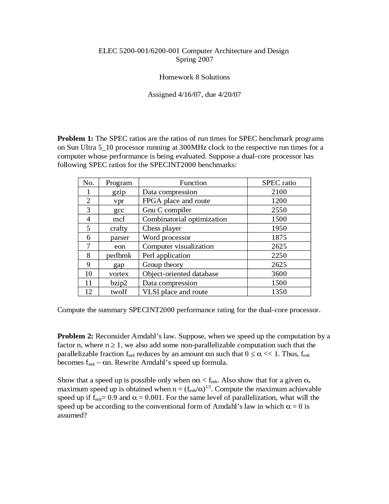 Solutions For Assignment 8 Computer Architecture And Design Elec 5200 Docsity