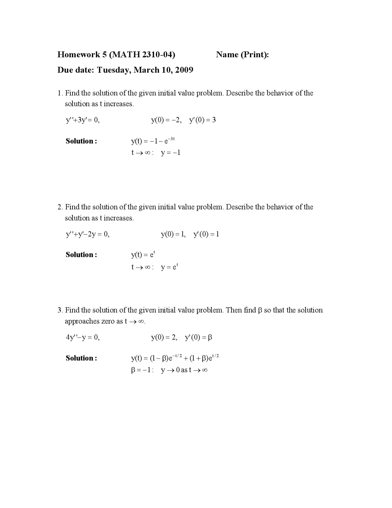 Homework 5 Questions With Solutions Applied Differential Equation I