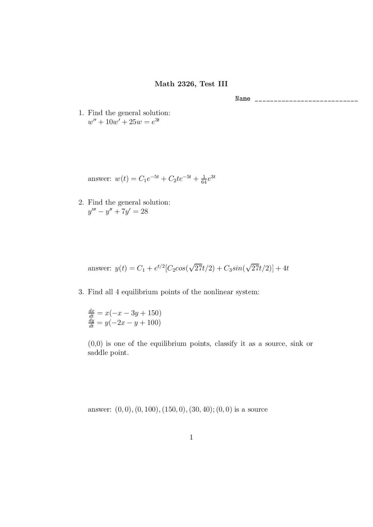 Test Ii Questions For Differential Equations Math 2326 Docsity