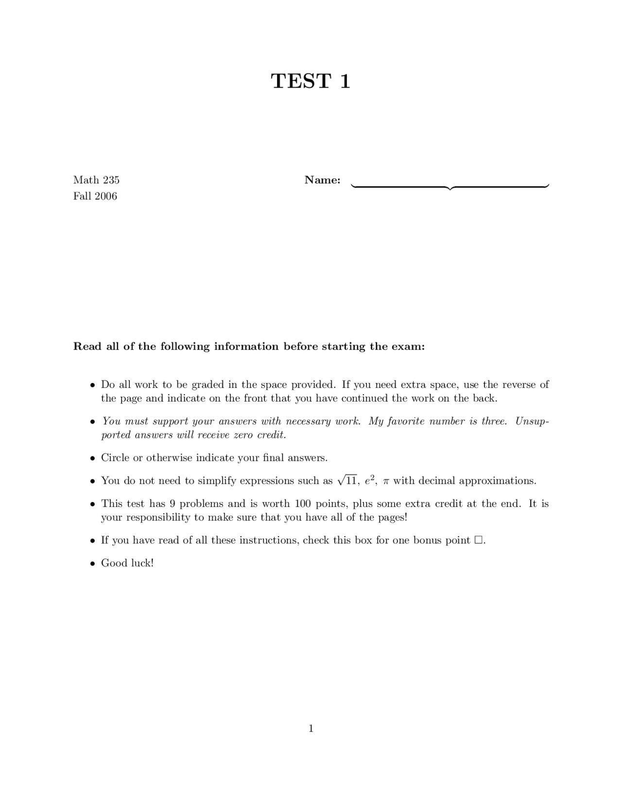 Exam 1 For Introduction To Linear Algebra Math 235 Docsity