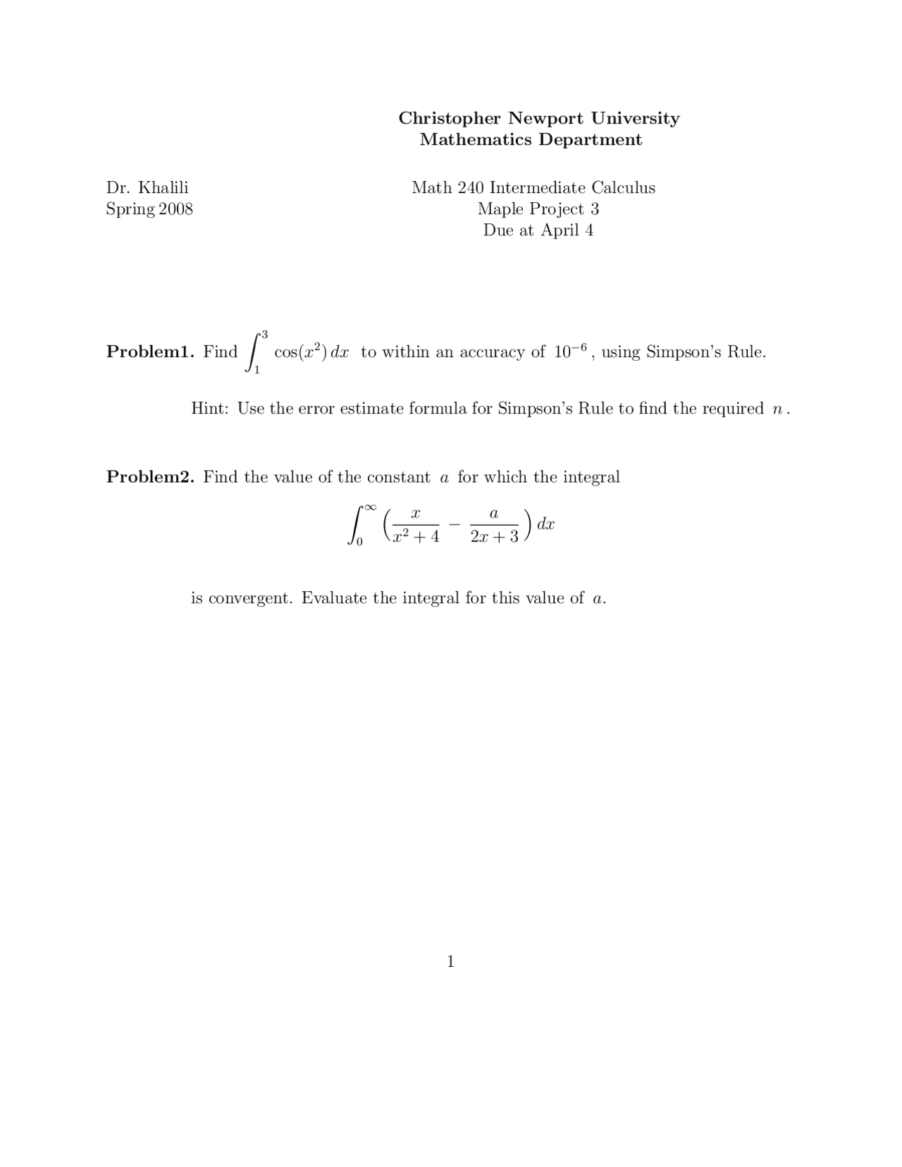 Maple Project 3 Report Intermediate Calculus Math 240 Docsity