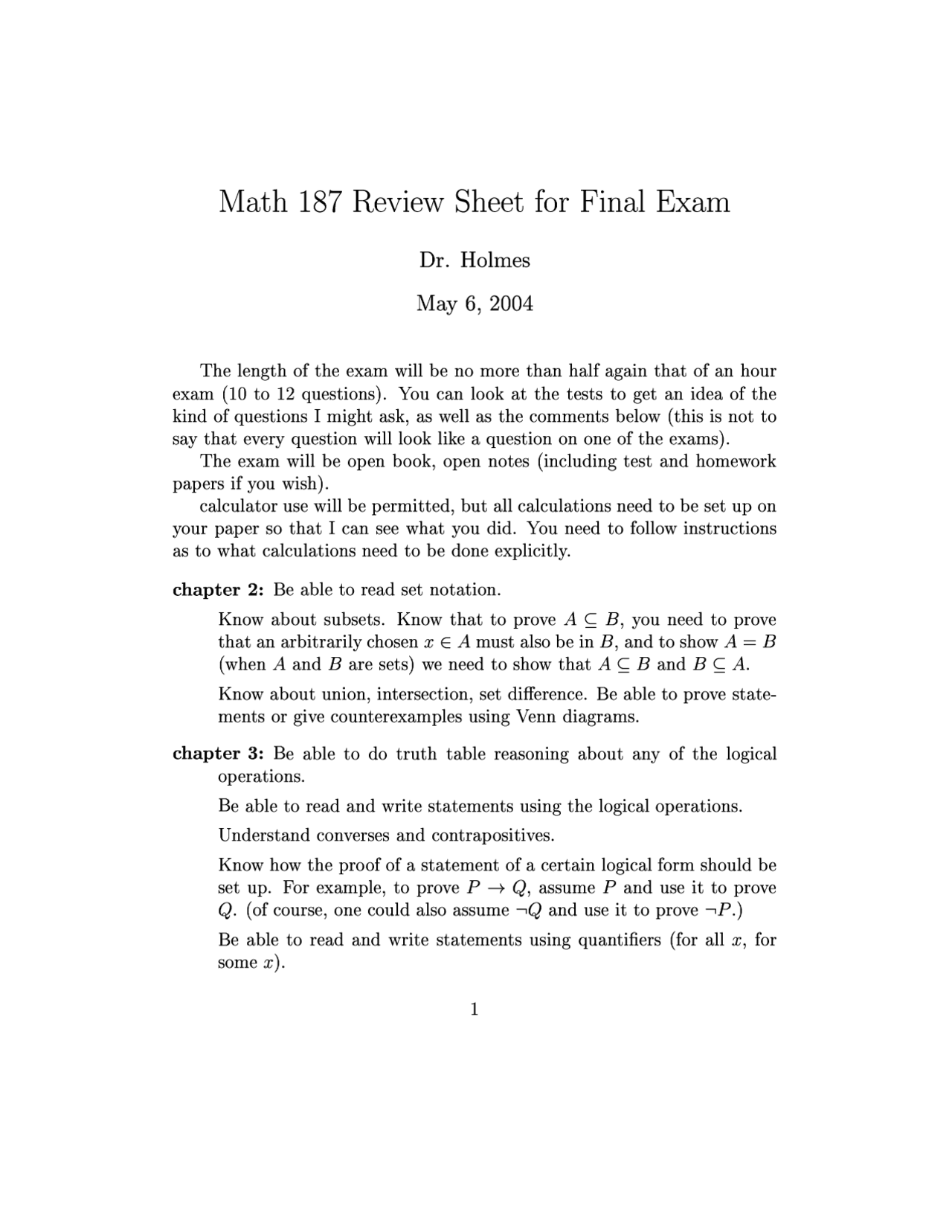 Review Sheet For Final Exam Discrete And Foundational Mathematics I