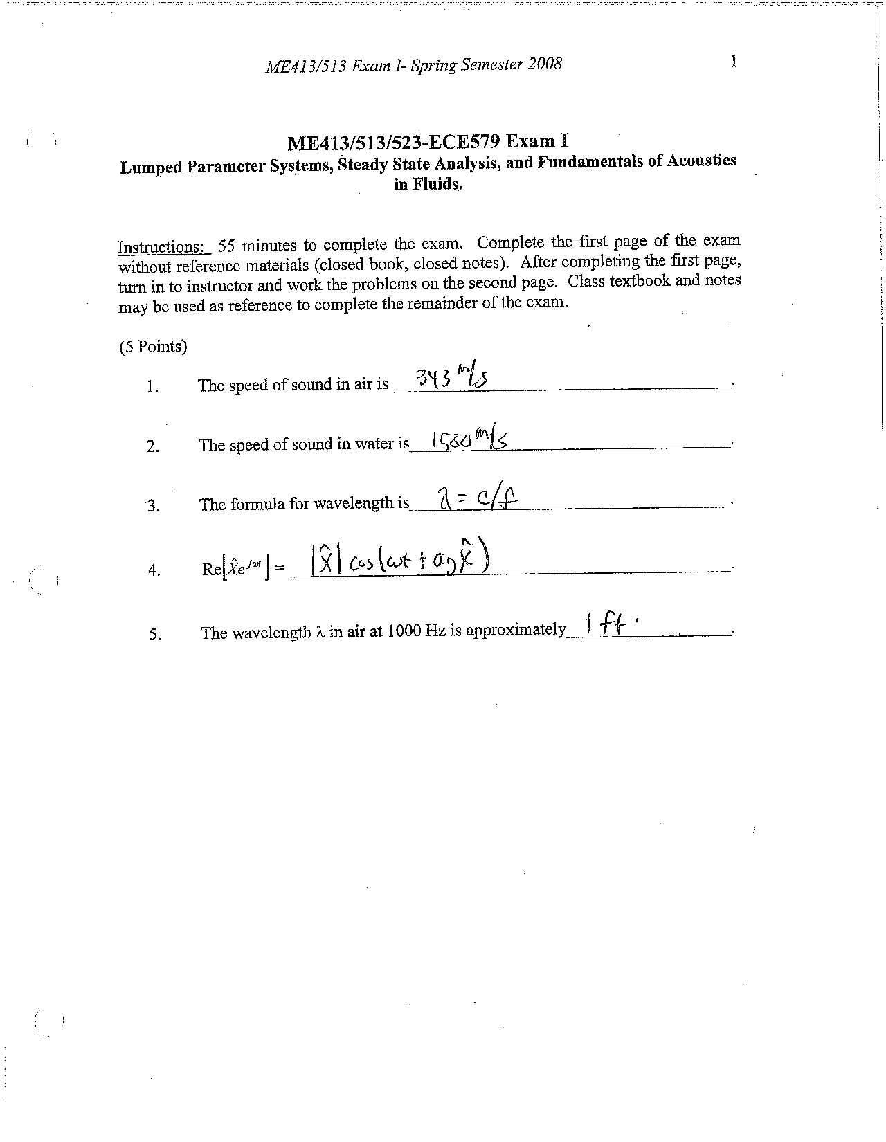 Practice Exam 1 On Engineering Acoustics Spring 2008 Me 413 Docsity