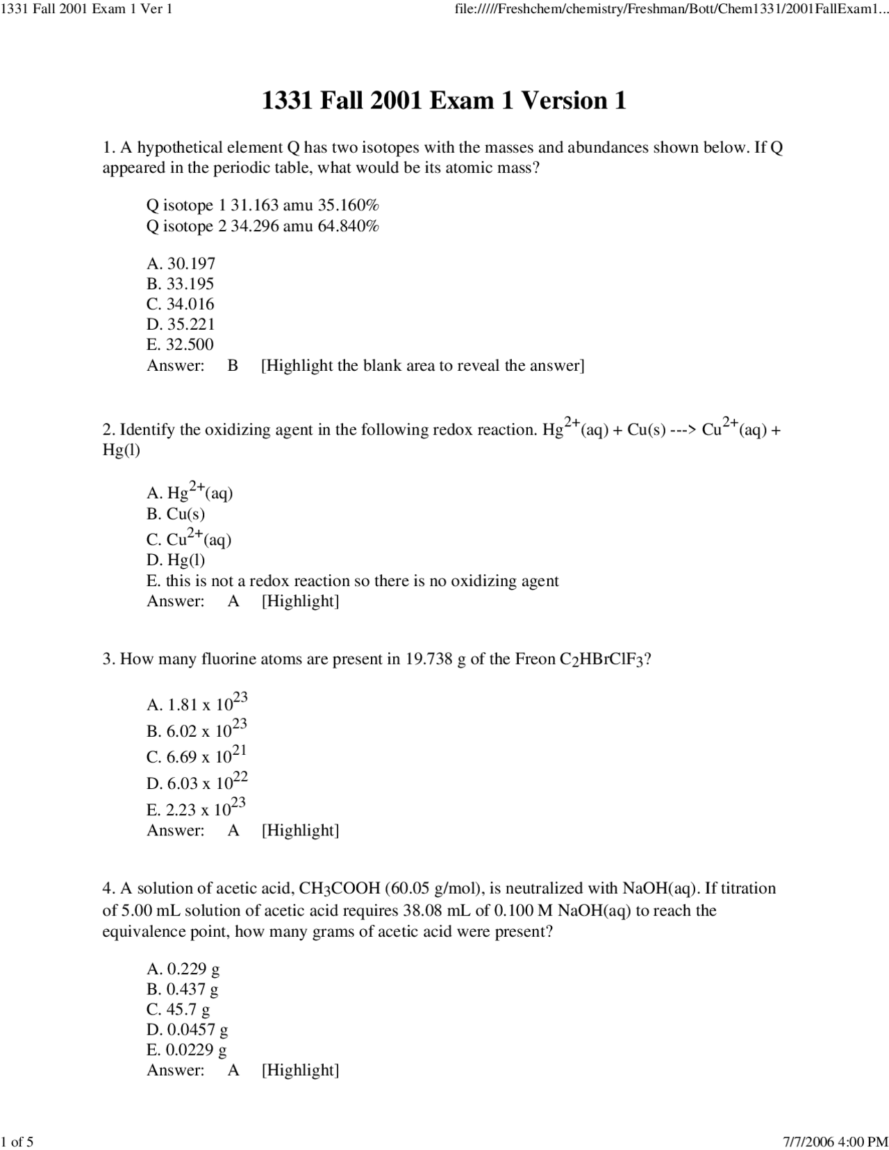 20 Multiple Choice Exam on Fundamentals of Chemistry with Solution ...