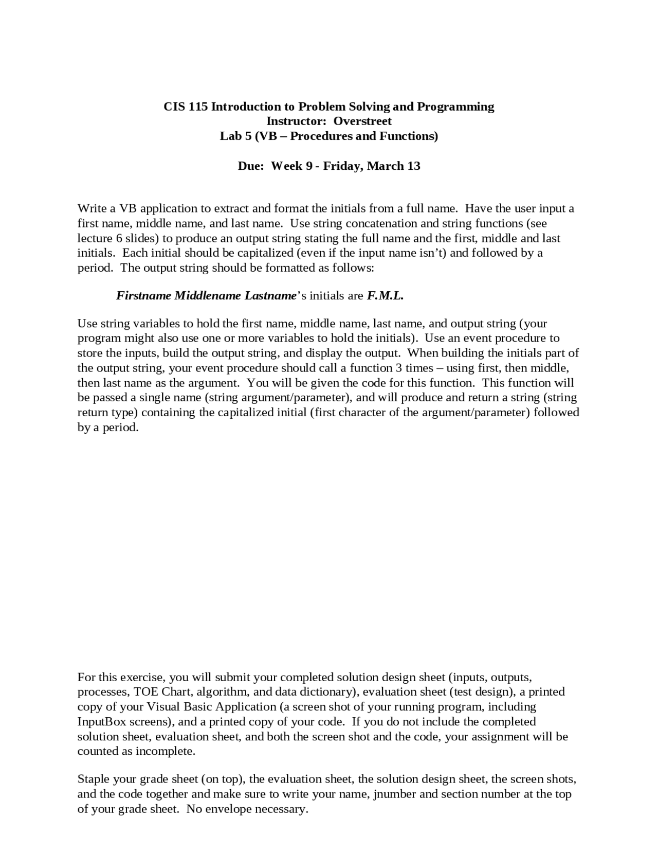 VB-Procedures and Functions - Laboratory #5 | CIS 115 - Docsity
