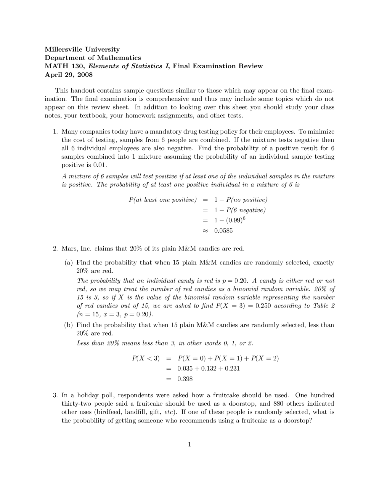 Elements of the Statistics 1 - Final Exam | MATH 130 | Exams Statistics ...