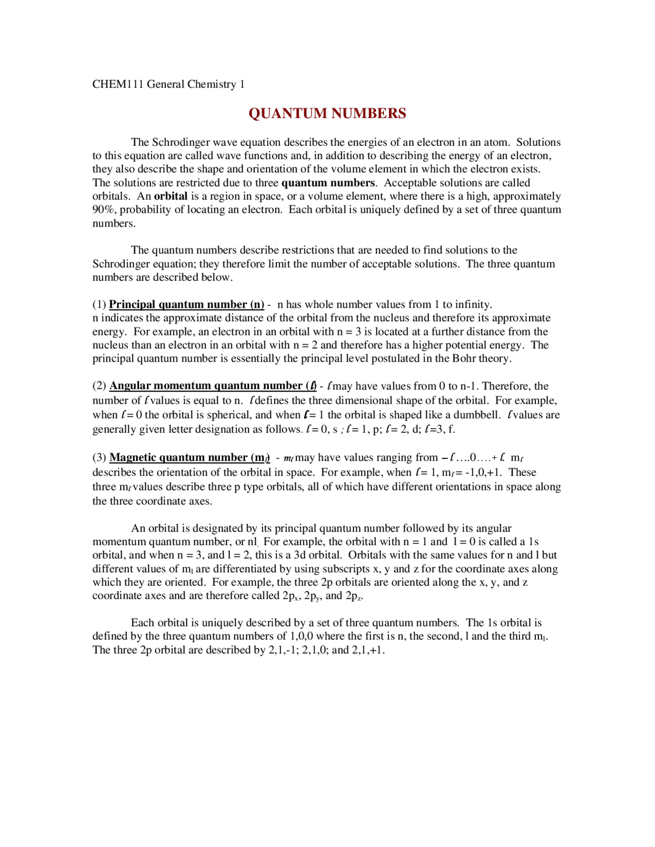 Quantum Numbers - General Chemistry Science | CHEM 111 - Docsity