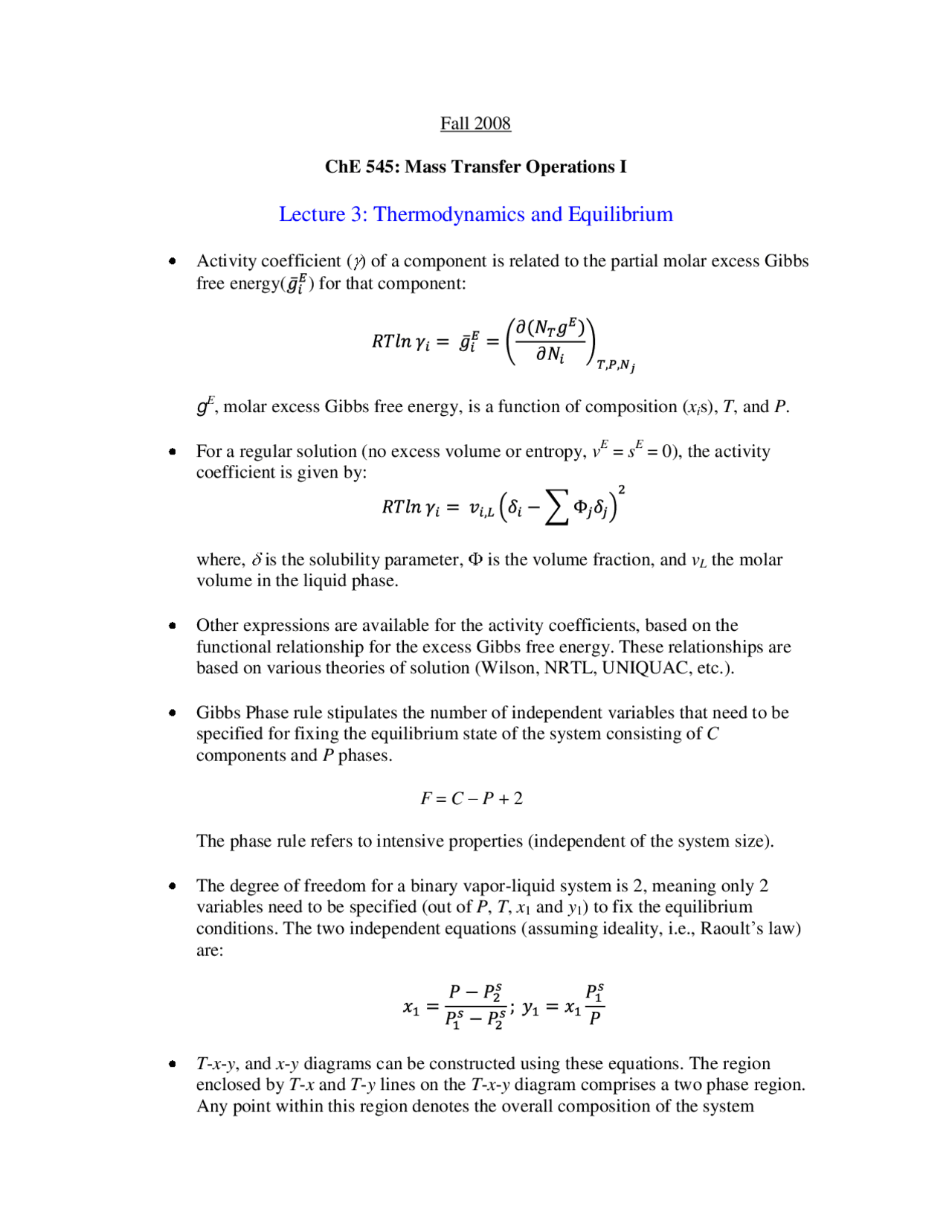 Thermodynamics and Equilibrium - Mass Transfer Operations I - Handout ...