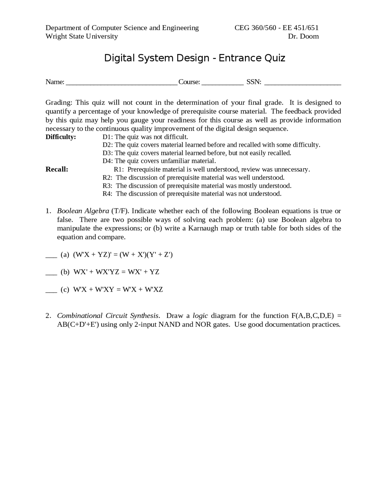 4 Problems On Digital System Design Entrance Quiz Ceg 360 Docsity