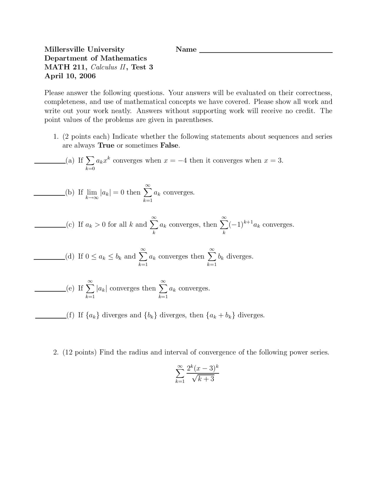 Practice Exam Problems For Calculus 2 Math 211 Docsity