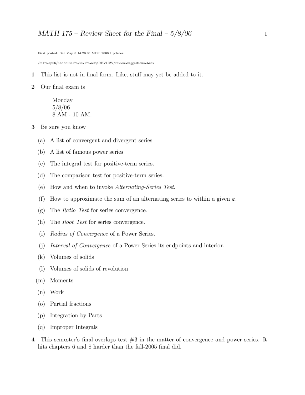 Review Sheet For Final Exam Calculus Ii Math 175 Docsity